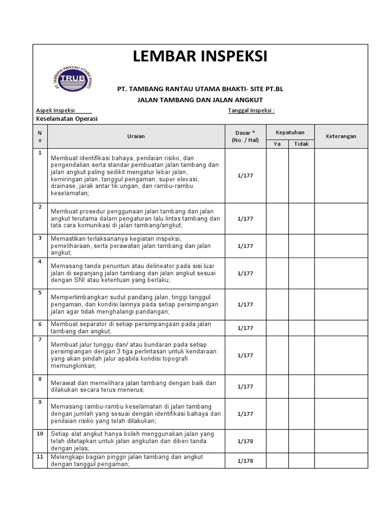 Lembar Inspeksi - KO - Jalan Tambang Dan Jalan Angkut | PDF