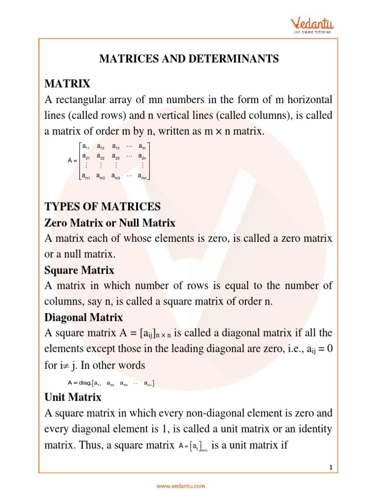 JEE Main 2022 Maths Revision Notes On Matrices and Determinants | PDF ...