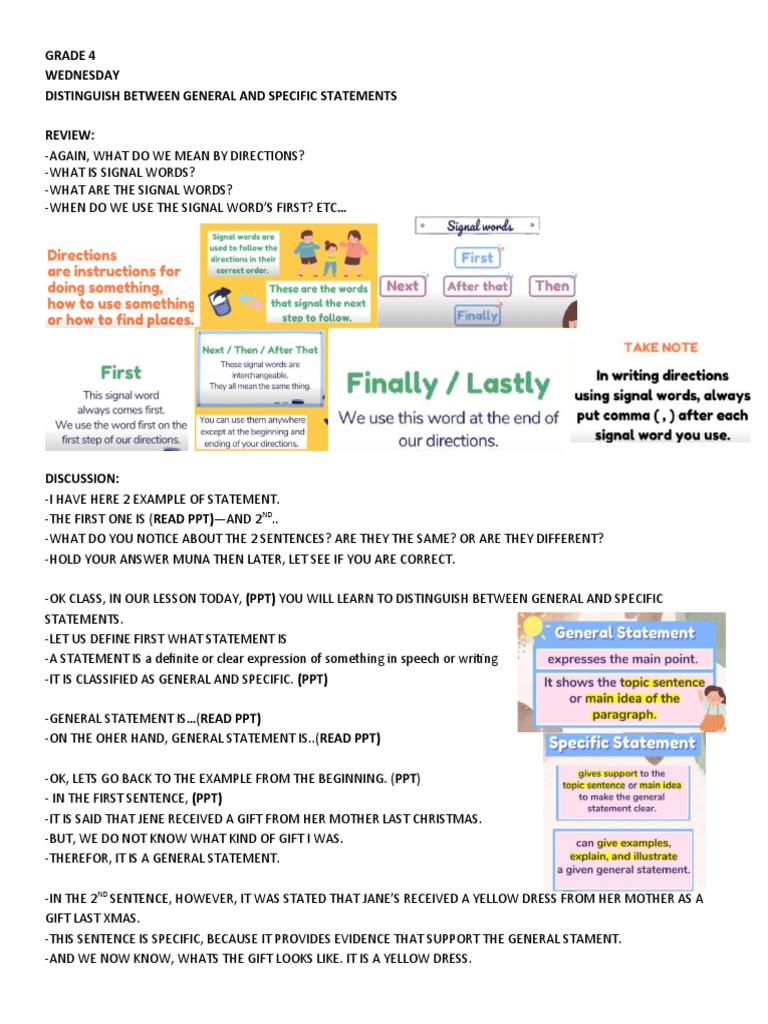 Grade 4 - Distinguish Between General and Specific Statements - For Wed ...