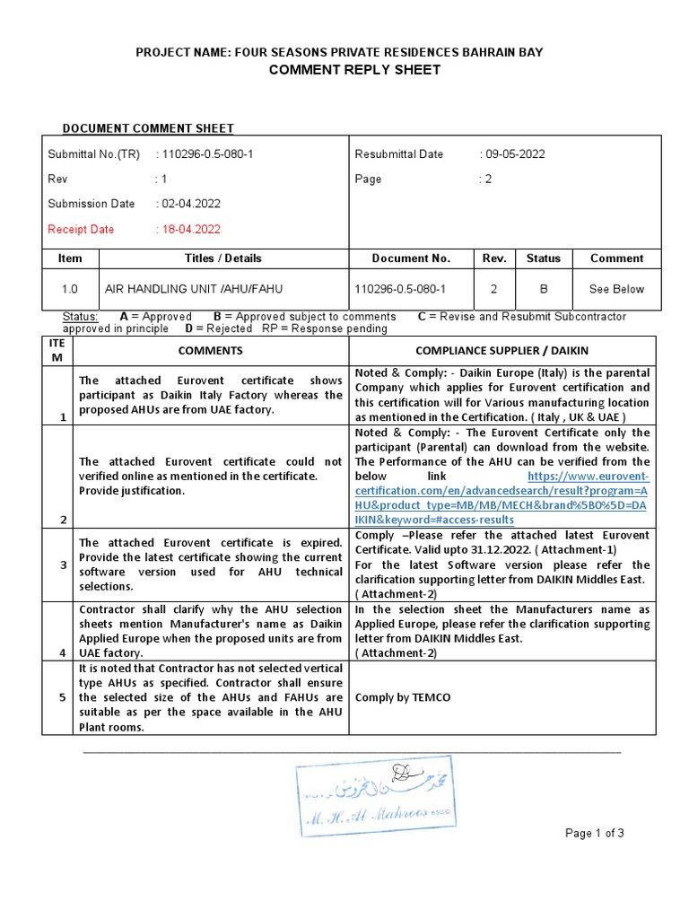 Comment Reply Sheet: Project Name: Four Seasons Private Residences ...