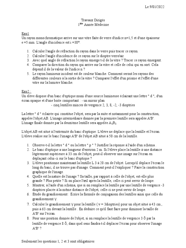TD Optique (Corrigé) | PDF | Prisme (optique) | Indice de réfraction
