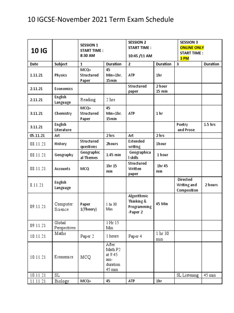10 IGCSE-November 2021 Term Exam Schedule: Reading 2 Hrs | PDF | Science