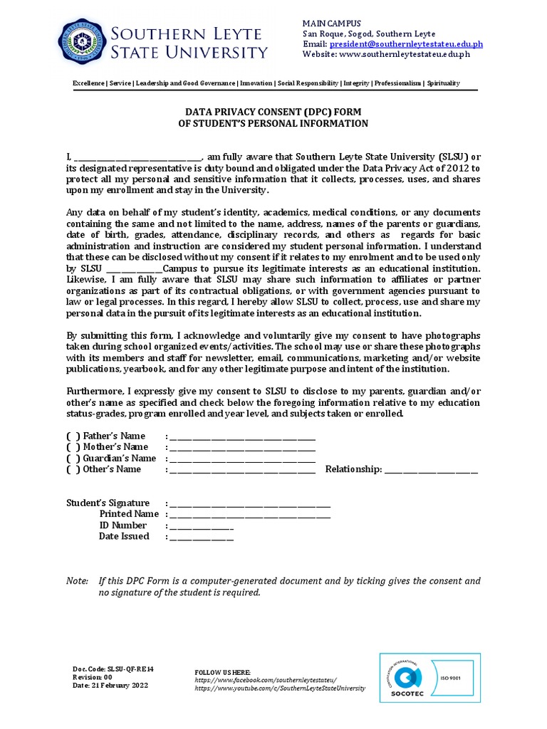 Data Privacy Consent (DPC) Form of Student'S Personal Information | PDF ...