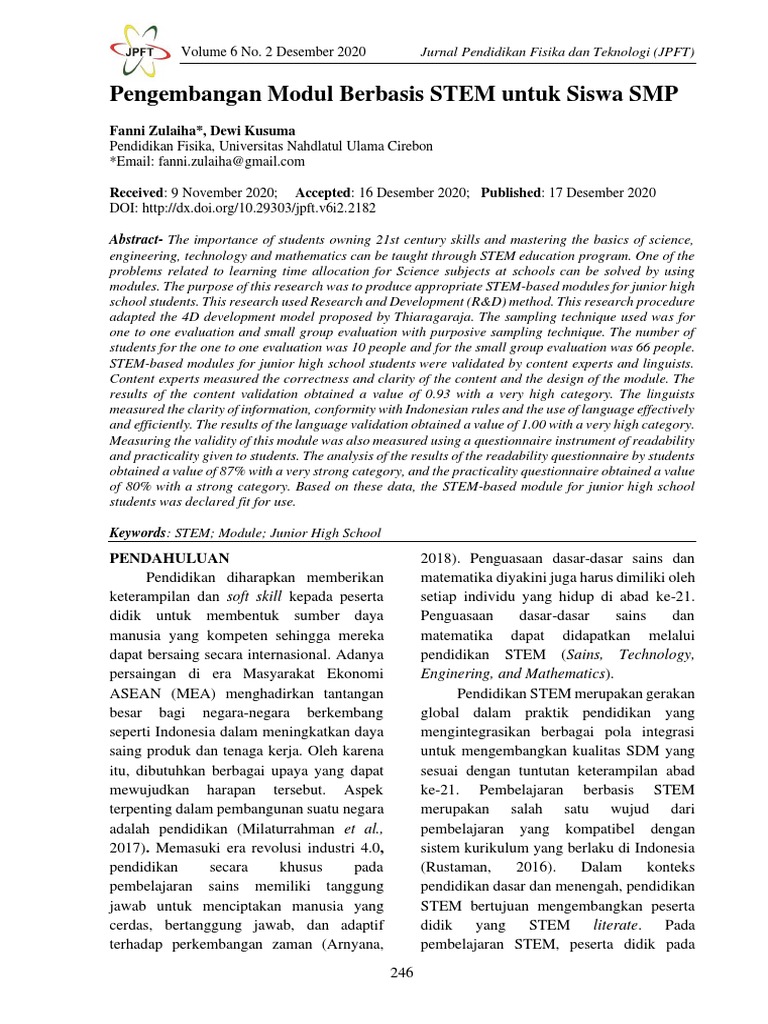 Pengembangan Modul Berbasis STEM Untuk Siswa SMP: Fanni Zulaiha, Dewi Kusuma | PDF | Science ...