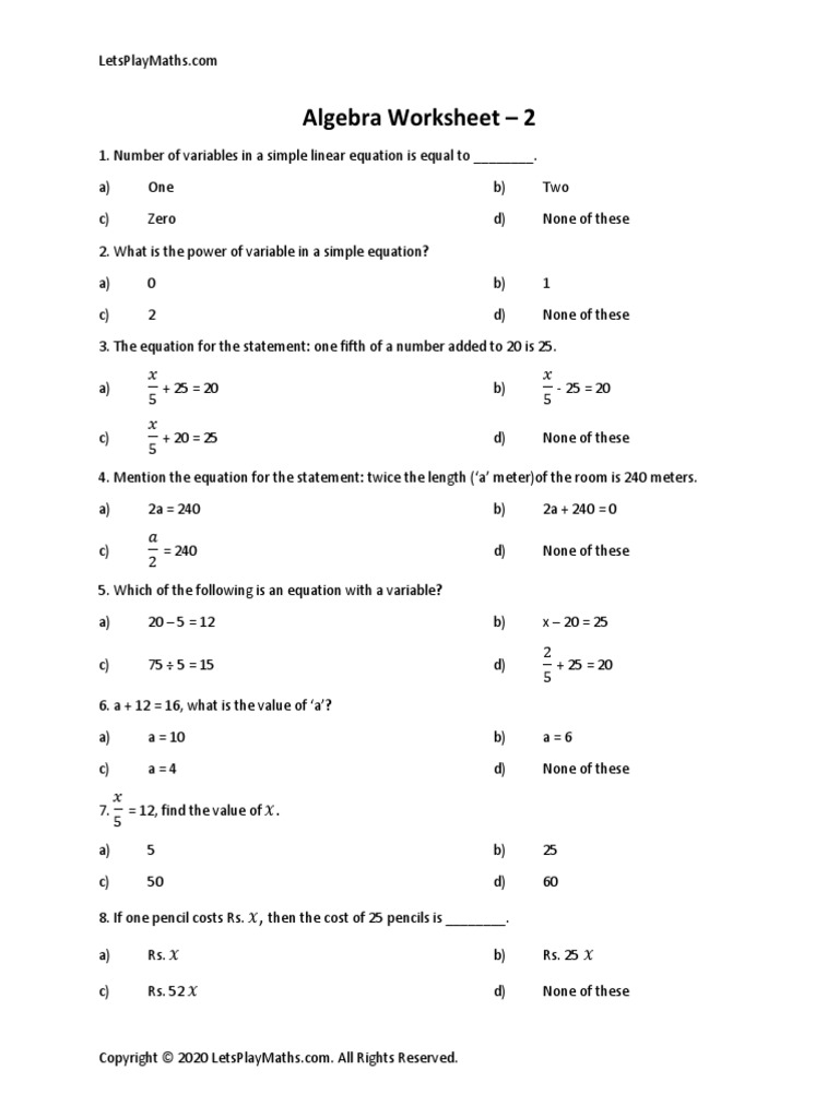 Algebra Worksheet - 2 | PDF | Equations | Applied Mathematics