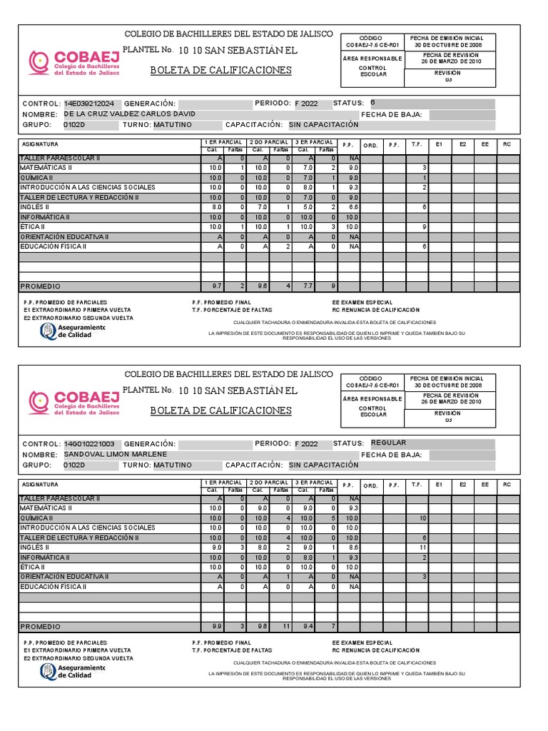 Boleta de Calificaciones 10 10 San Sebastián El: Colegio de Bachilleres ...
