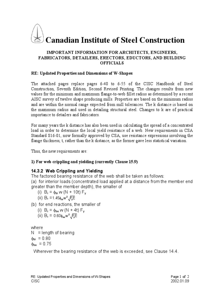 Canadian Institute of Steel Construction: RE: Updated Properties and ...