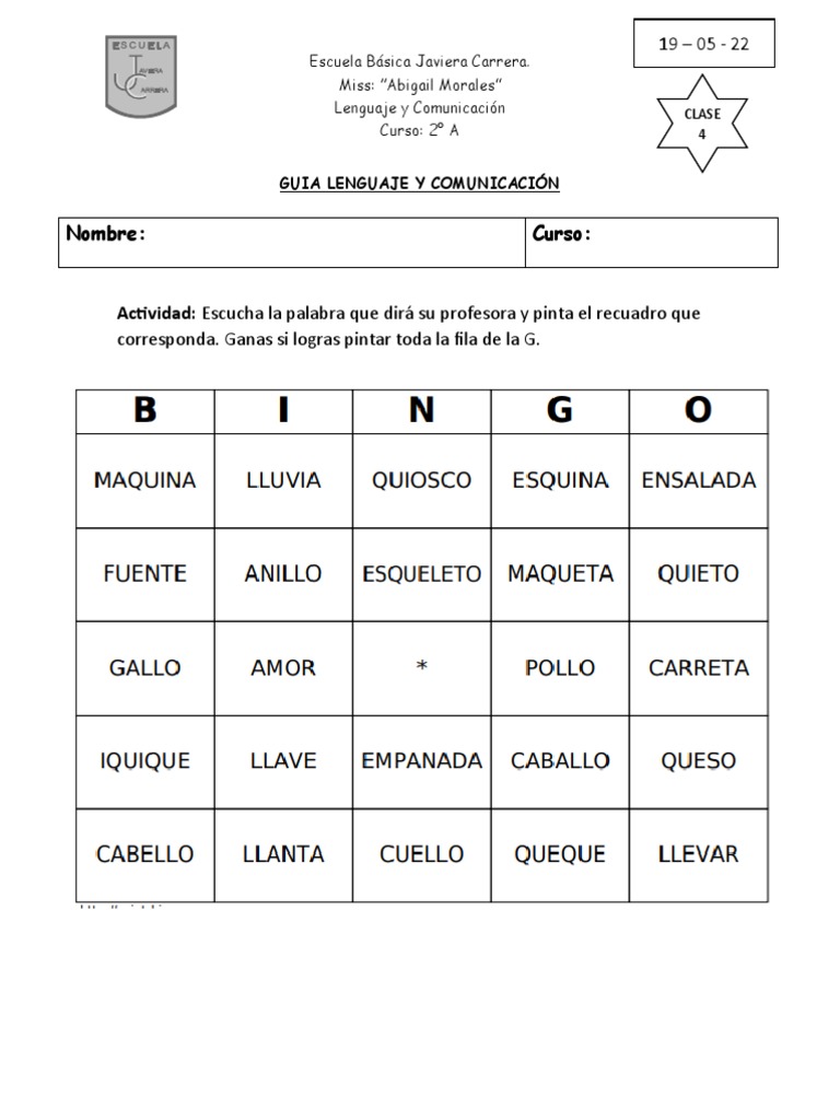 Bingo Lenguaje 16 Al 20 de Mayo | PDF