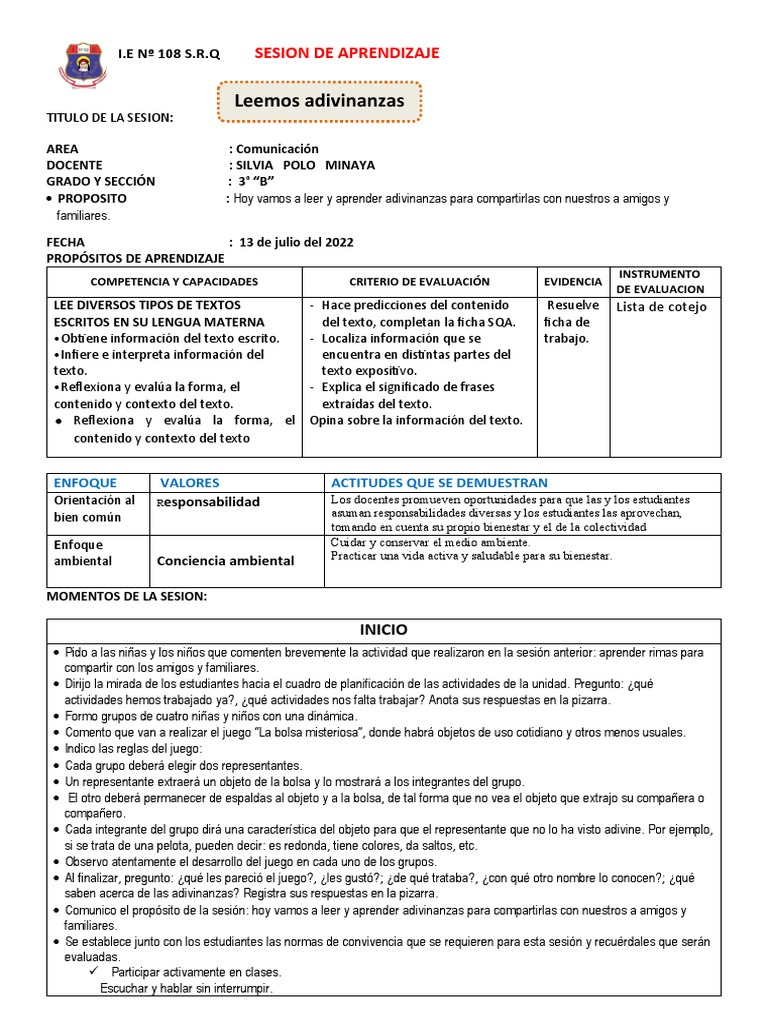 Sesion de Leemos Adivinanzas | Descargar gratis PDF | Evaluación | Cognición