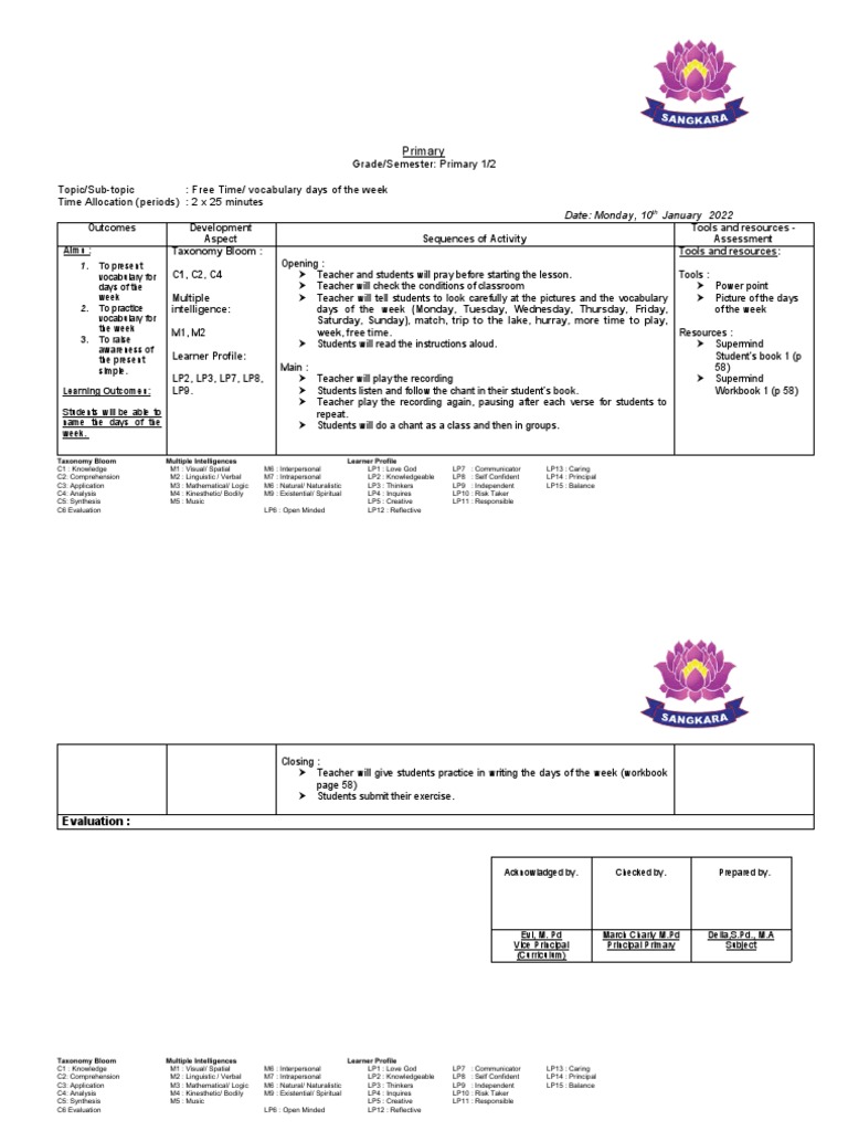 LESSON PLAN P1 January | PDF | Teachers | Learning