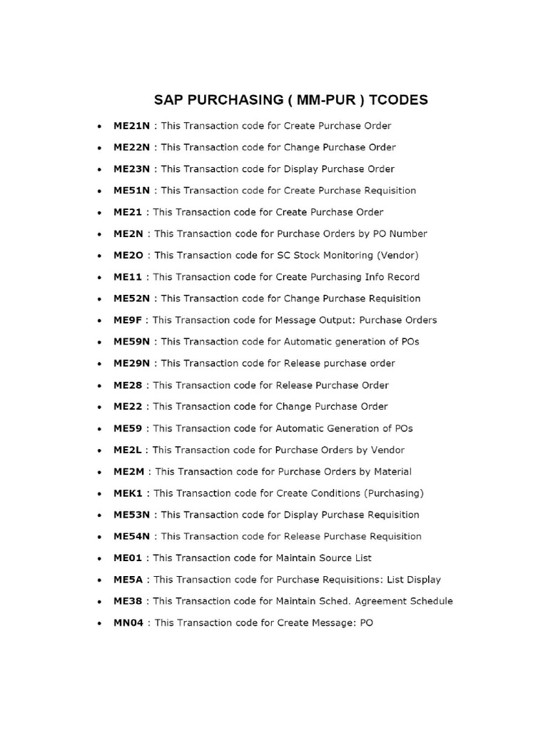 SAP PURCHASING (MM-PUR) TCODES - PDF | PDF