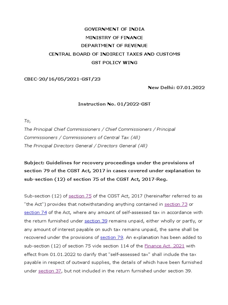 VILGST - CGST - Circular - Instruction No. 01 - 2022-GST | PDF | Taxes | Legal Liability
