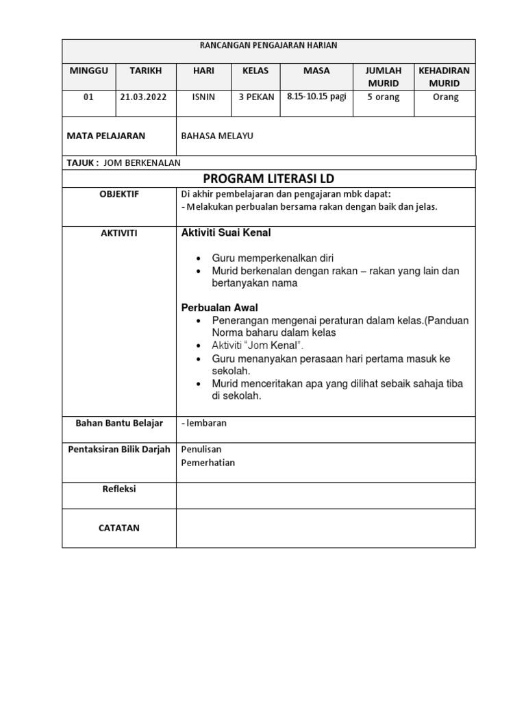 RPH Minggu 1 2022 | PDF