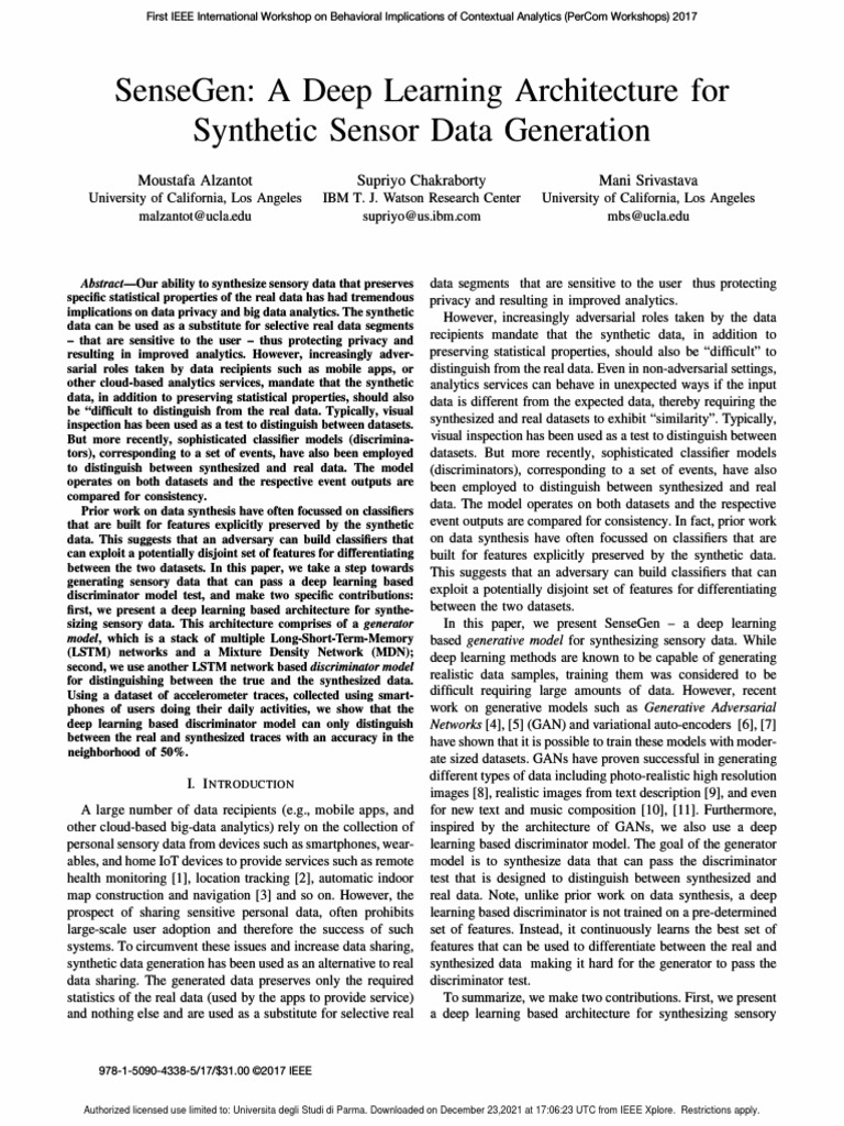 SenseGen A Deep Learning Architecture For Synthetic Sensor Data Generation | PDF | Artificial ...