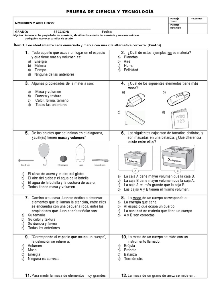Prueba Propiedades de La Materia y Cambios de Estado | PDF | Gases ...