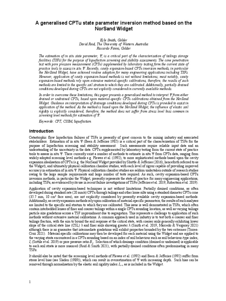 Smith Et Al 2021. A Generalised CPTu State Parameter Inversion Method Based On The NorSand ...