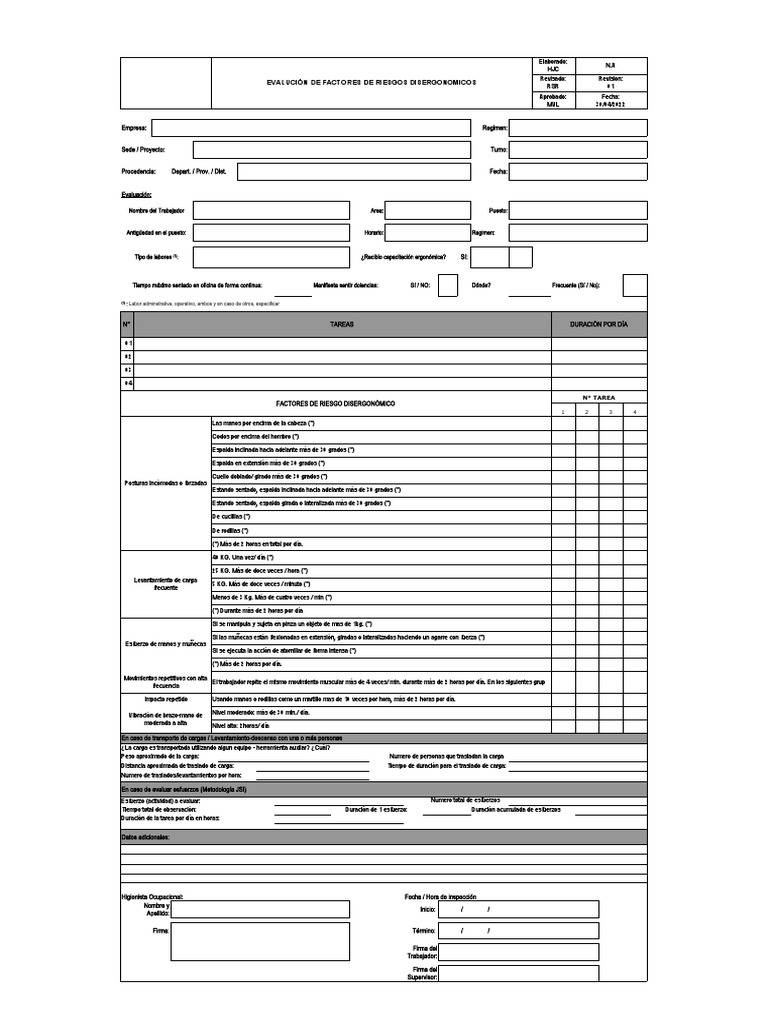 F-P-9-01 EVALUCIÓN DE FACTORES DE RIESGOS DISERGONOMICOS Rev.01 | PDF | Factores humanos y ergonomía