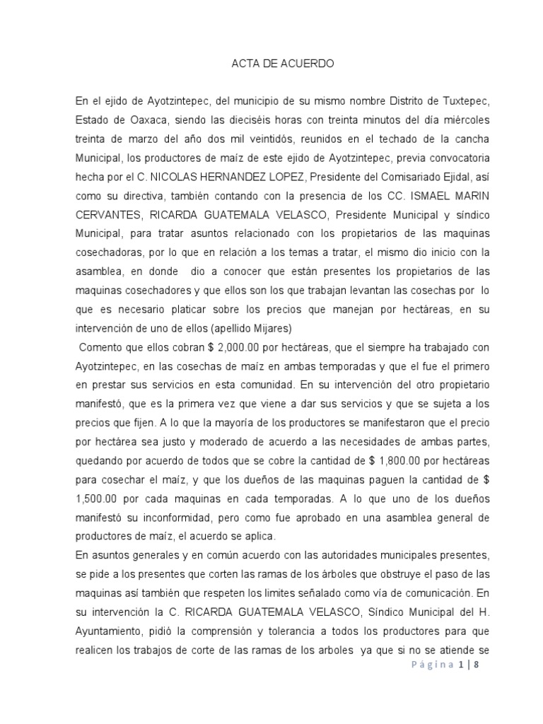 Acta de Acuerdo Con El Comisariado Ejidal. | PDF