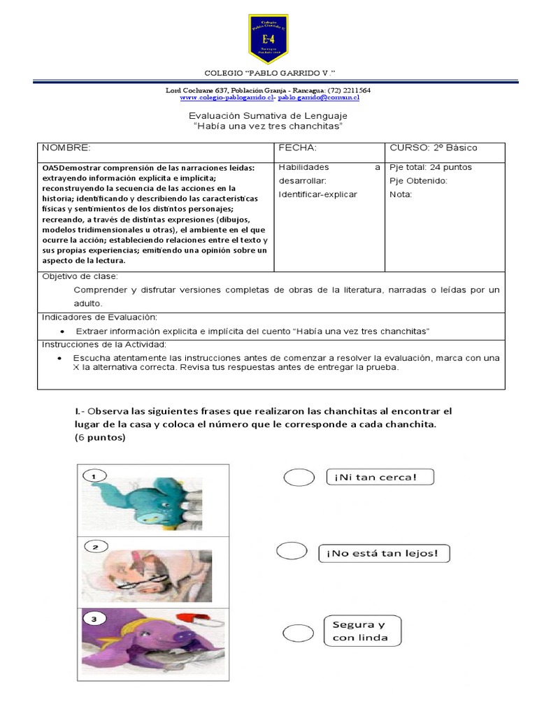 Prueba Lectura Habia Una Vez Tres Chanchitas | PDF