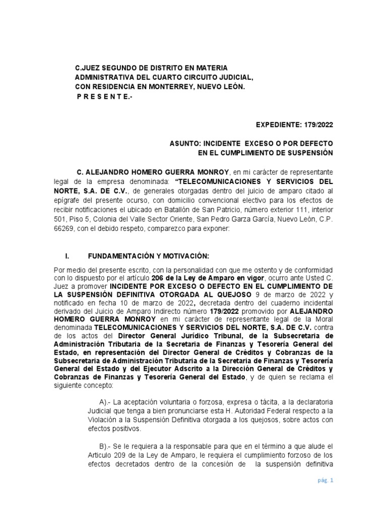 DEL INCIDENTE] Incidente por exceso o defecto en el cumplimiento de suspensión definitiva en ...