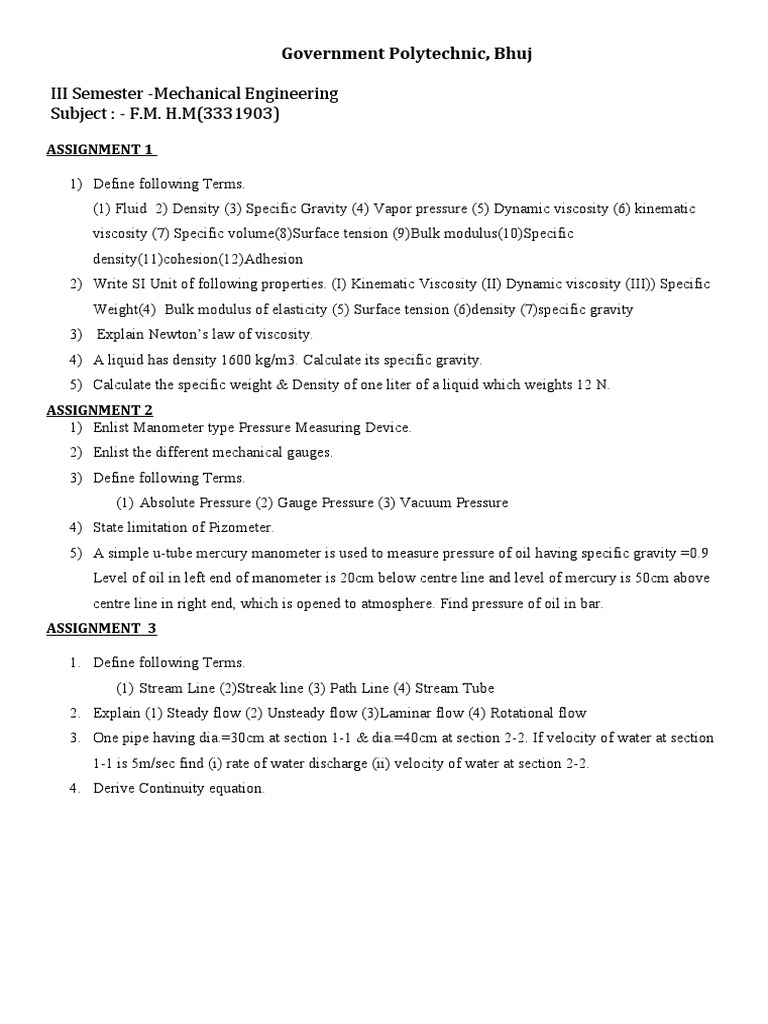 FMHM Assignment | PDF | Pressure Measurement | Pressure
