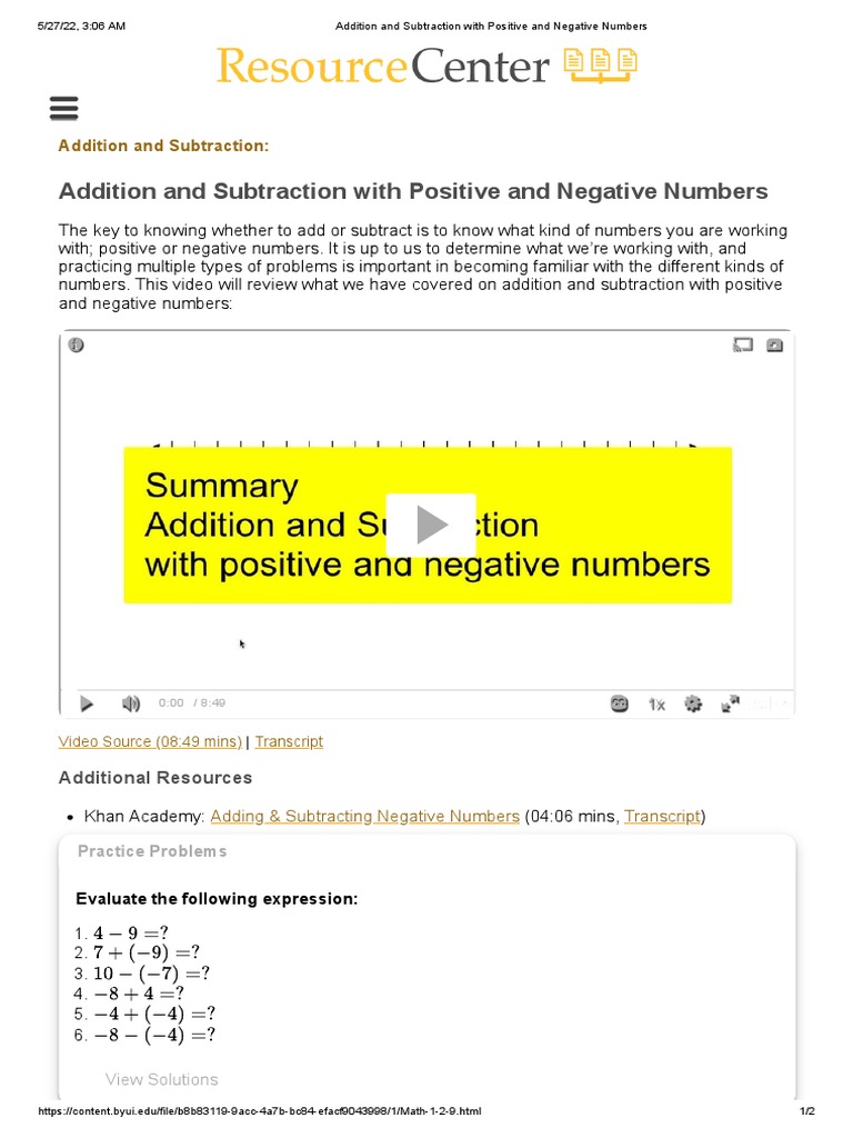 Addition and Subtraction With Positive and Negative Numbers | PDF