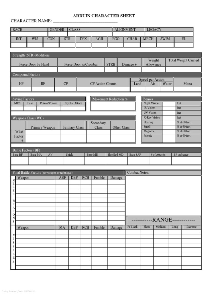 Arduin RPG Character Sheet Template | PDF