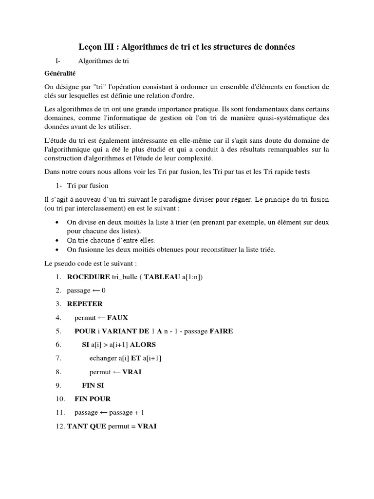 Lecon 3 Algorithmes de Tri Et Les Structures de Données | PDF ...