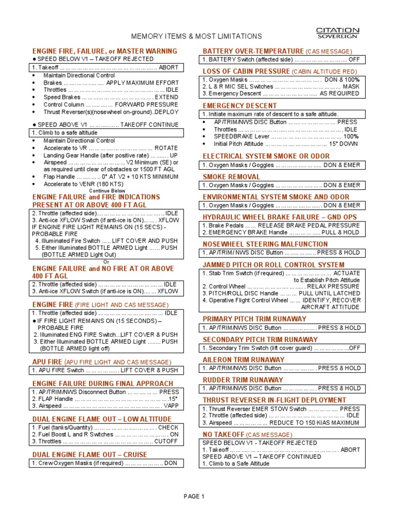 Cessna 680 Memory Items | PDF | Takeoff | Aircraft Flight Control System