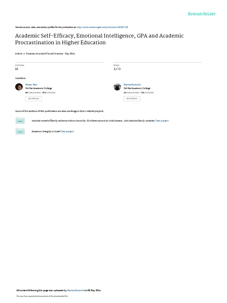 Academic Self-Efficacy, Emotional Intelligence, GPA and Academic Procrastination in Higher ...