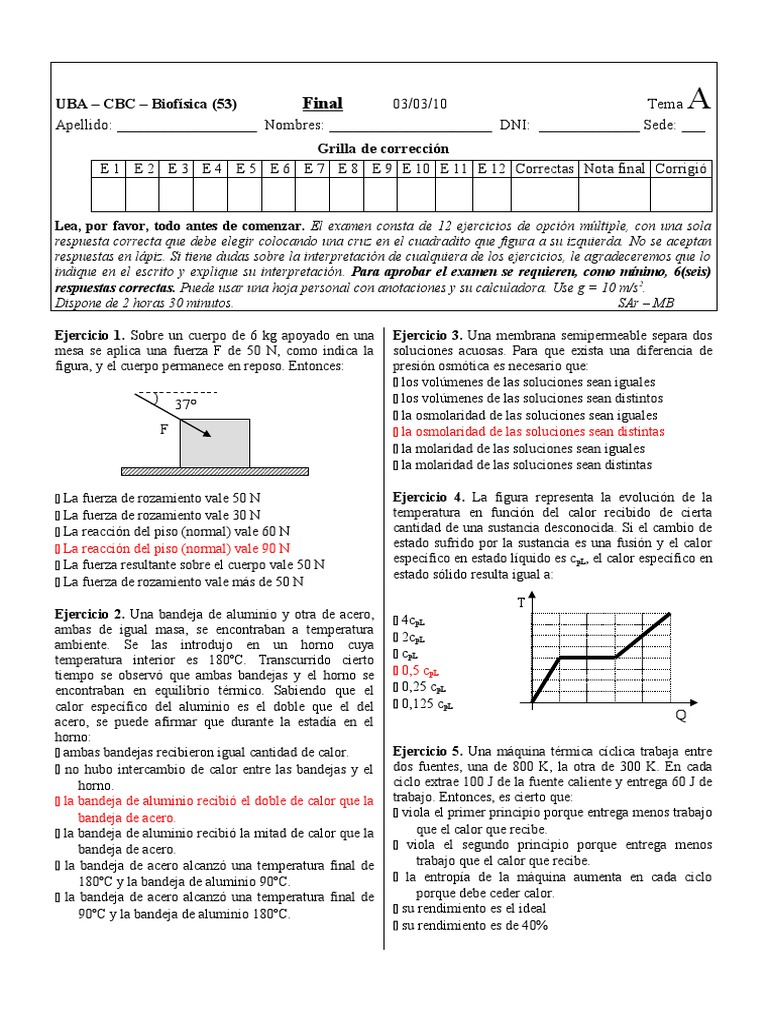Examen final de Biofísica con 12 preguntas de opción múltiple sobre temas de física | PDF ...