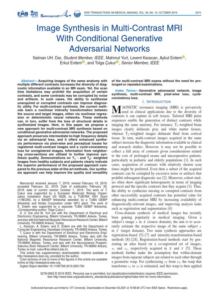 Image Synthesis in Multi-Contrast MRI With Conditional Generative Adversarial Networks | PDF ...