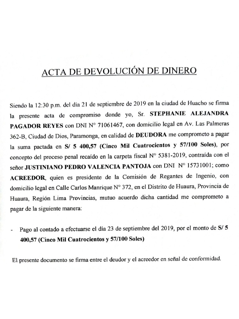 Acta de Devolucion de Dinero | PDF