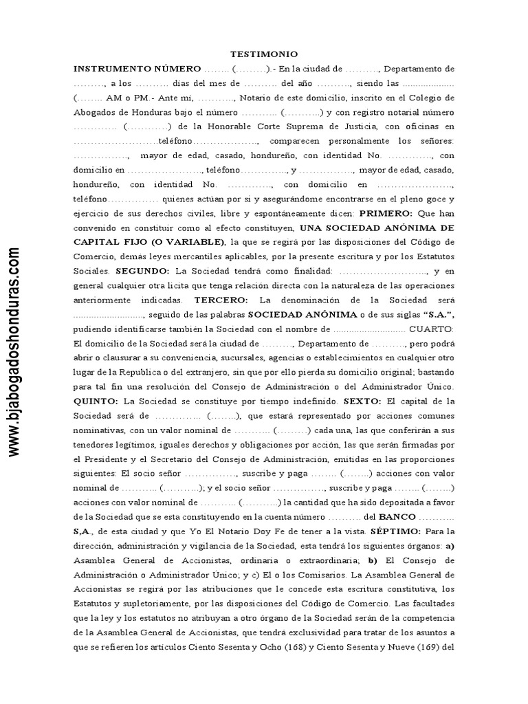 Formato Escritura | PDF | Compartir (Finanzas) | Junta Directiva