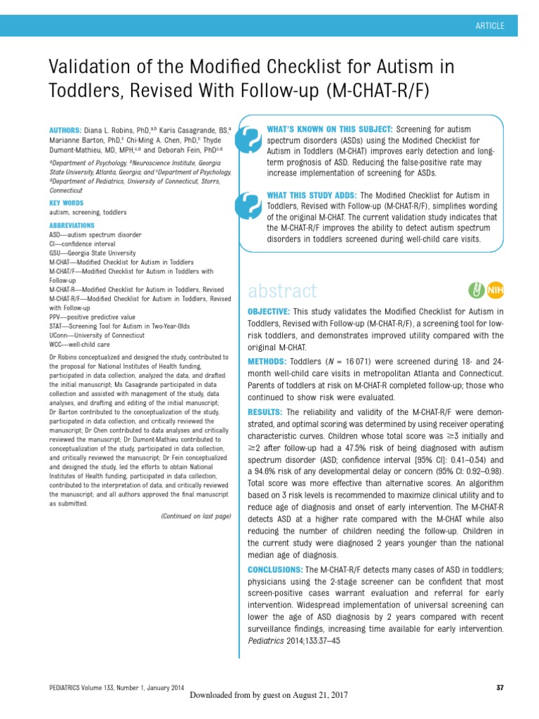 Validation of The Modified Checklist For Autism in Toddlers | PDF ...