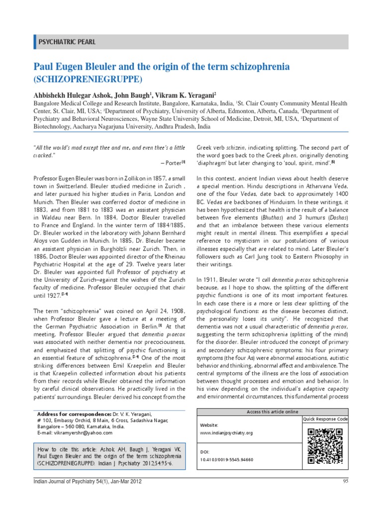 Paul Eugen Bleuler and The Origin of The Term Schizophrenia - Ashok ...