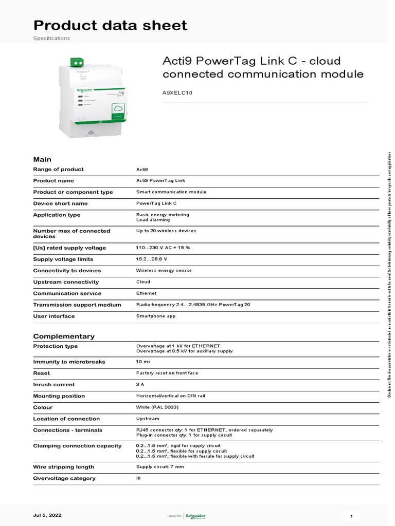 Acti9 PowerTag Link C - cloud connected communication module specs ...