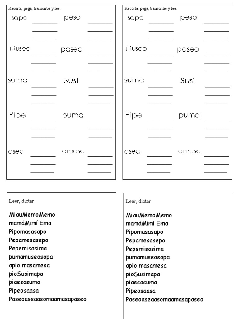 Actividades de Recortar, Pegar, Leer Transcribir y Leer Dictar | PDF ...