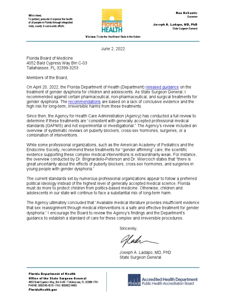 Surgeon General Letter To The Florida Board of Medicine | PDF | Surgery ...