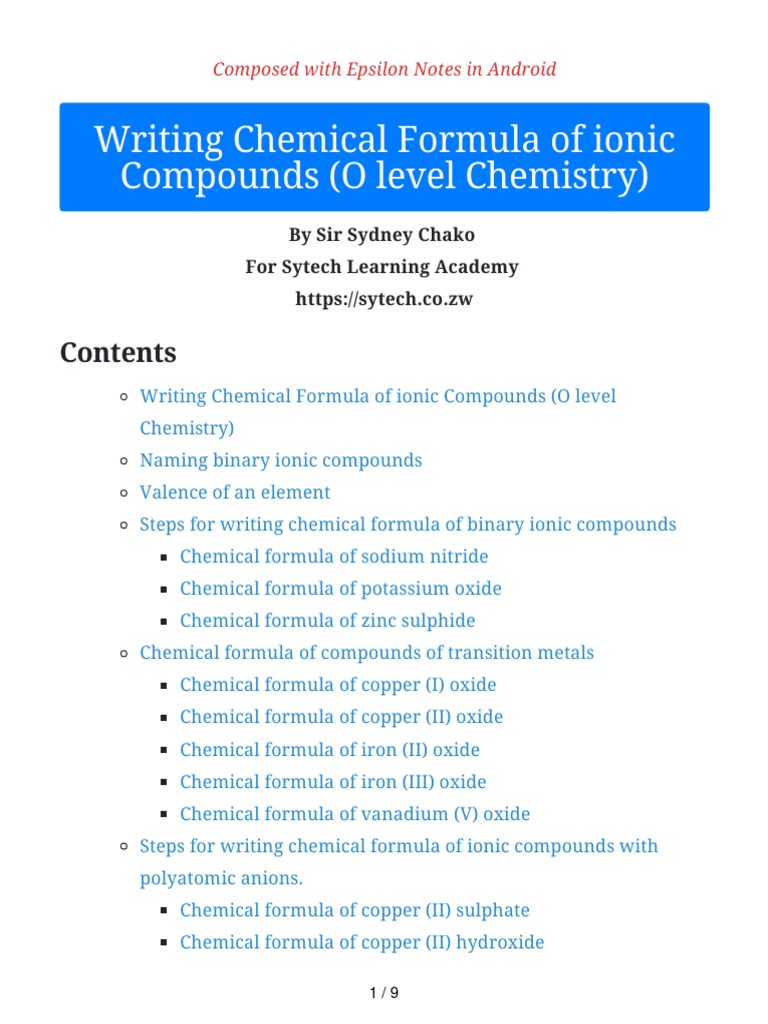 Writing Chemical Formula of Ionic Compounds O Level Chemistry | PDF ...