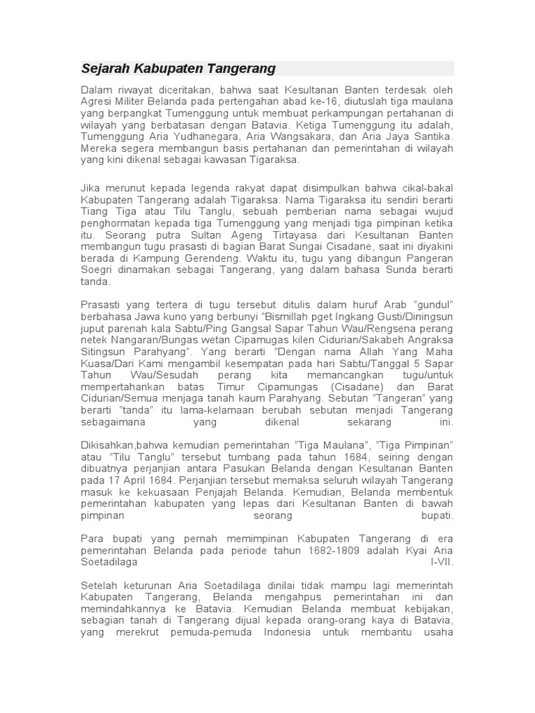 Sejarah Tangerang dan Asal Usulnya | PDF