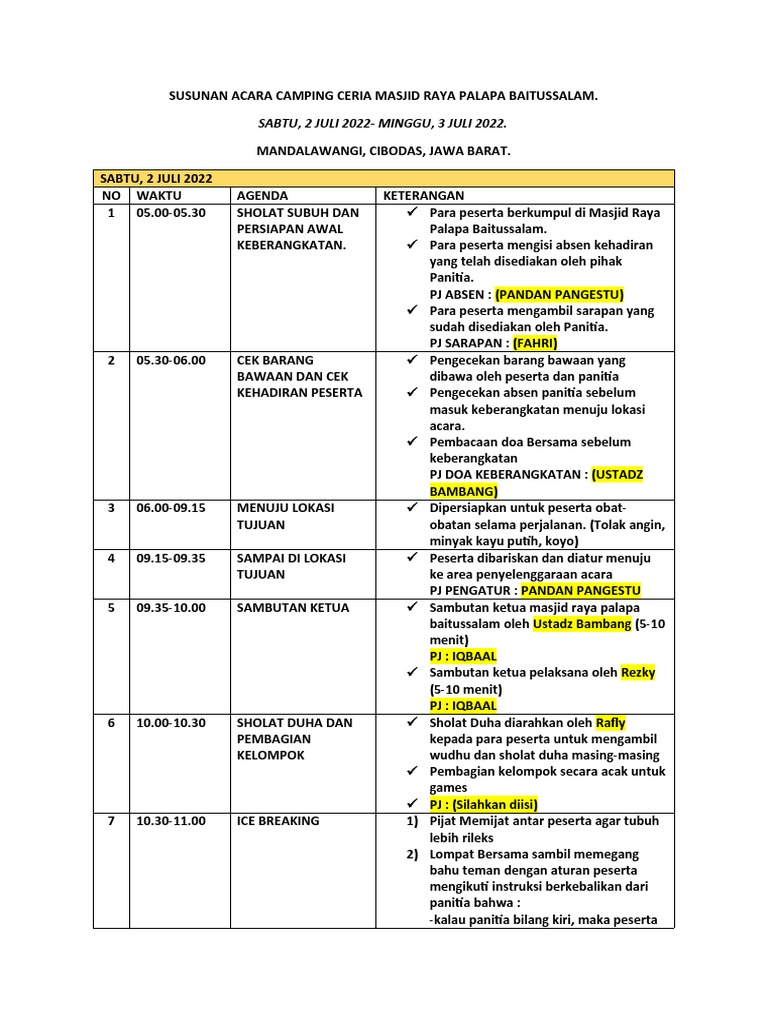 Susunan Acara Camping Ceria 2022 | PDF
