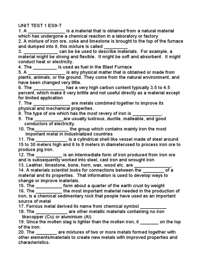 Unit Test 1 Es9 | PDF | Iron | Chemical Substances