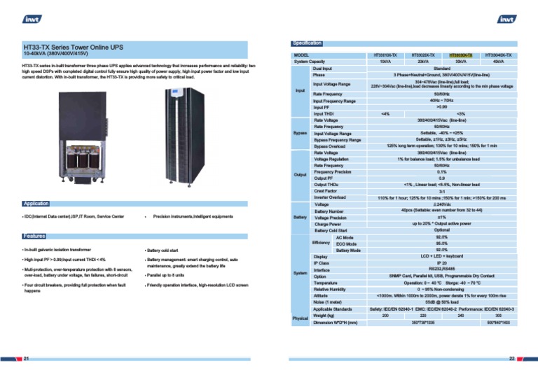 HT33-TX Series Tower Online UPS: 10-40kVA (380V/400V/415V) | PDF ...