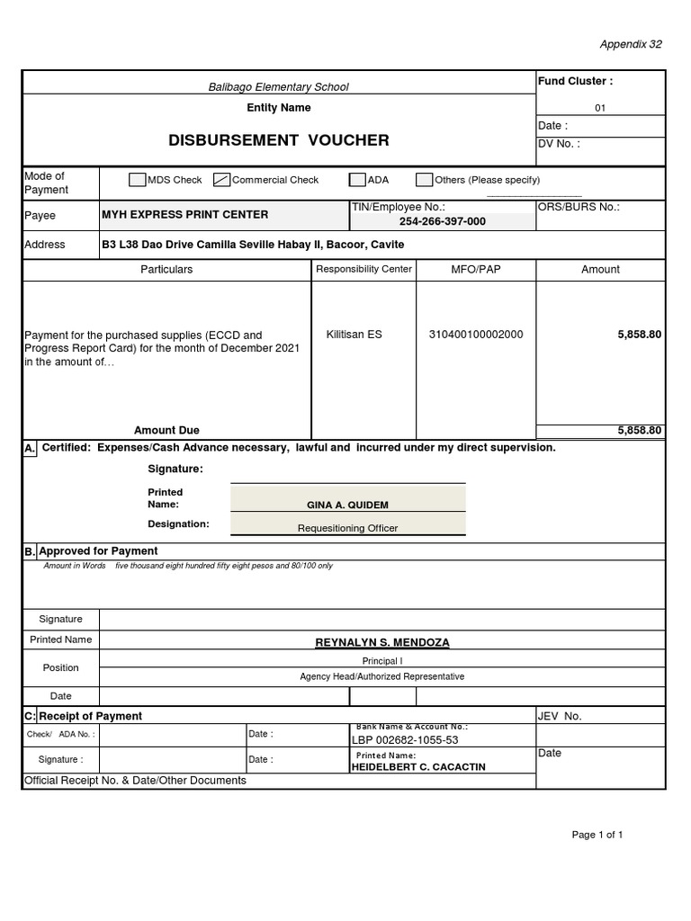 Disbursement Voucher for School Supplies | PDF | Payments | Cheque
