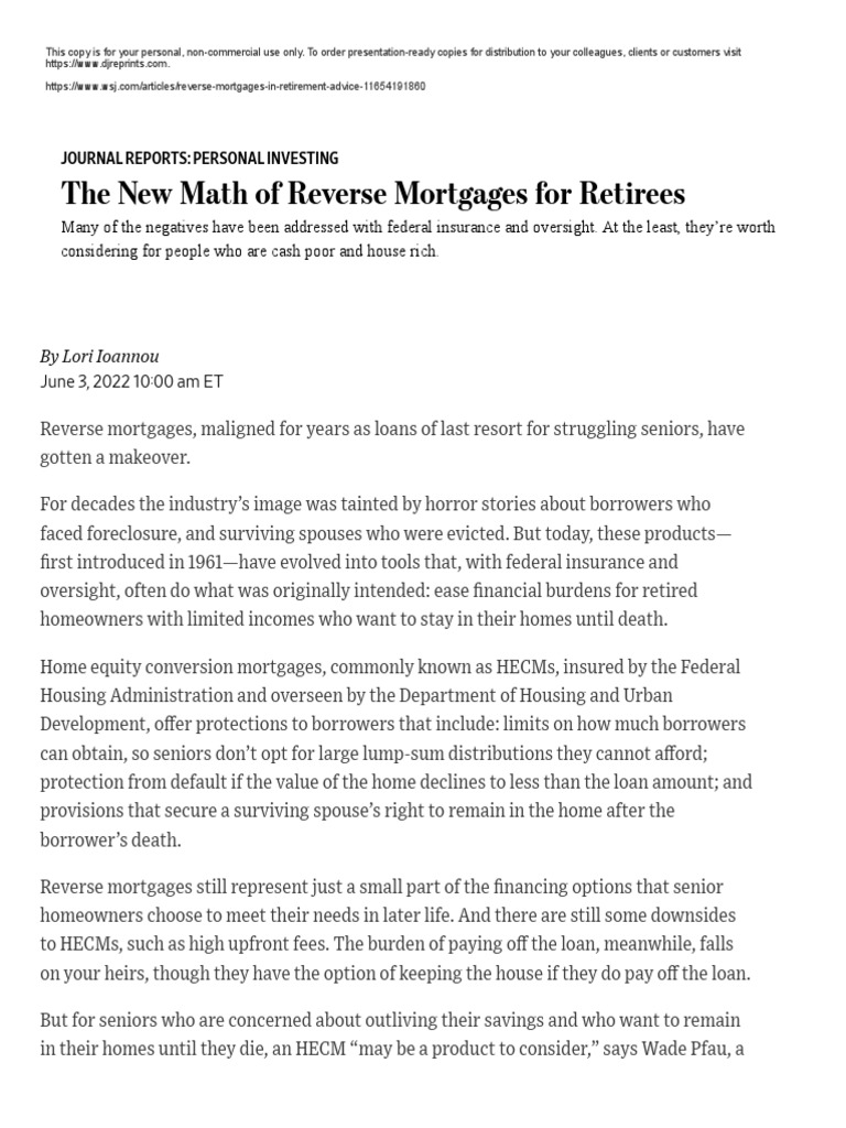 The New Math of Reverse Mortgages For Retirees - WSJ (June 2022) | PDF ...