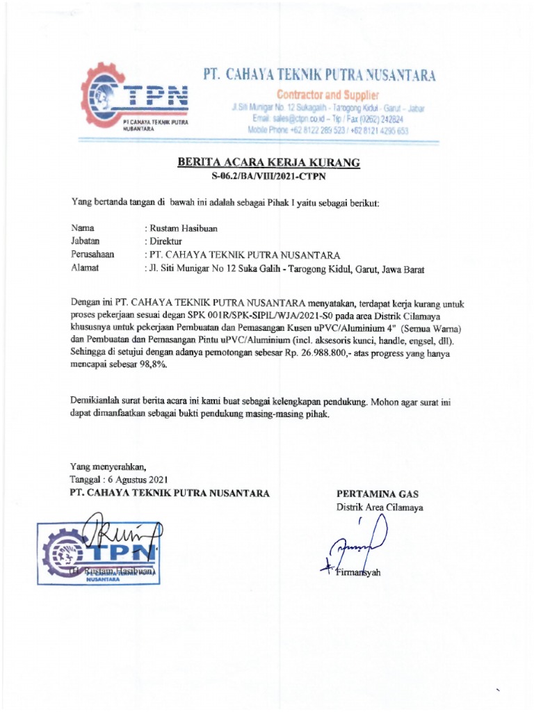 BA Kerja Kurang CTPN SPK 001R-2021 | PDF