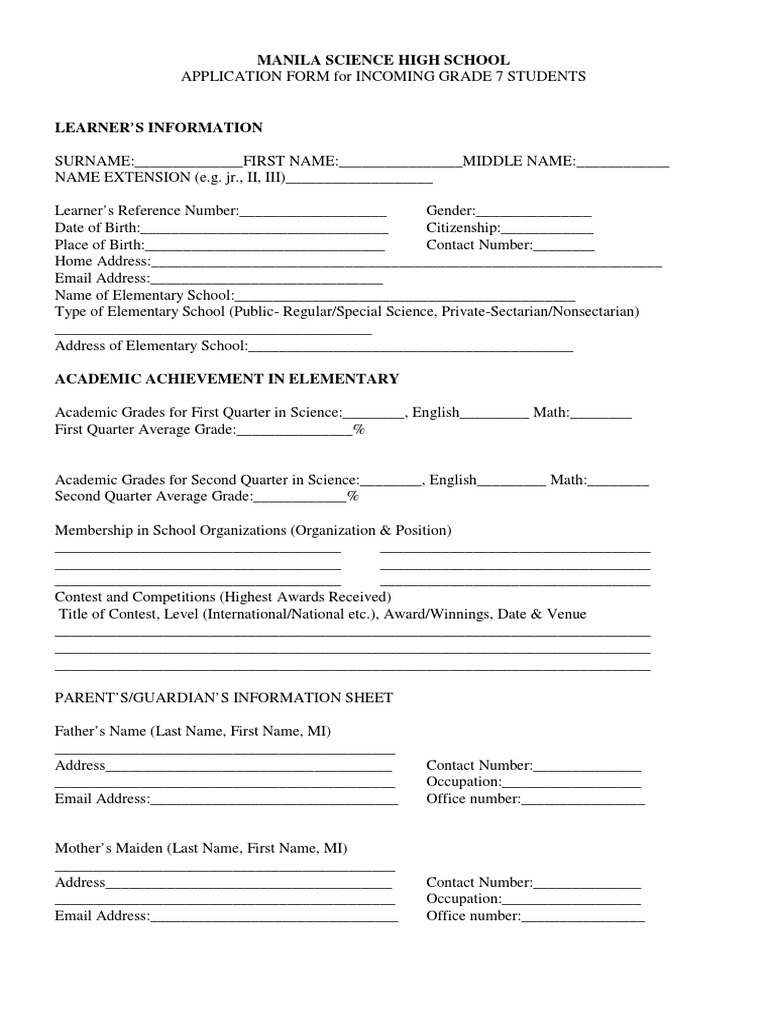 Manila Science High School Application Form | PDF