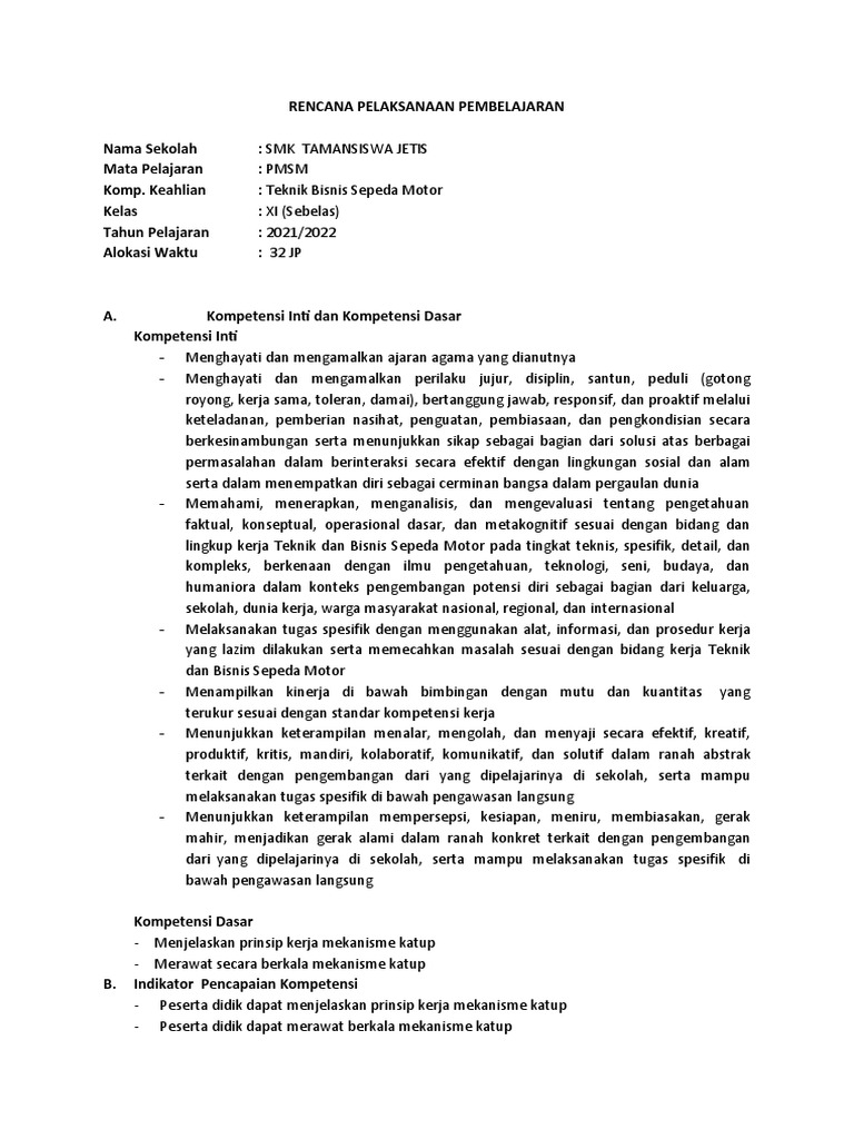 RPP Prinsip Kerja Dan Perawatan Mekanisme Katup Revisi | PDF