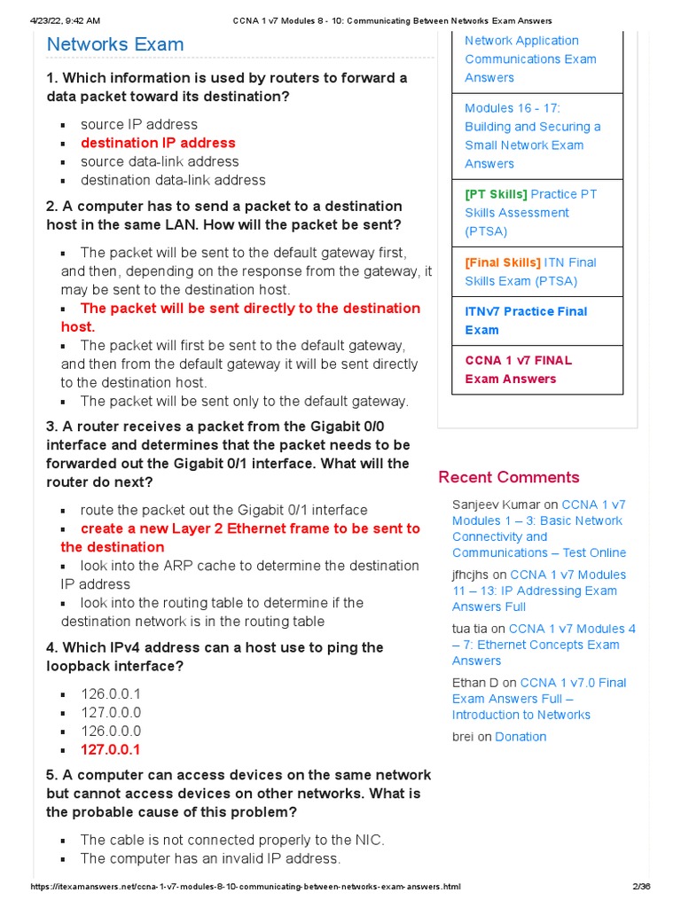 CCNA 1 v7 Modules 8 - 10 - Communicating Between Networks Exam Answers | PDF | Computer Network ...